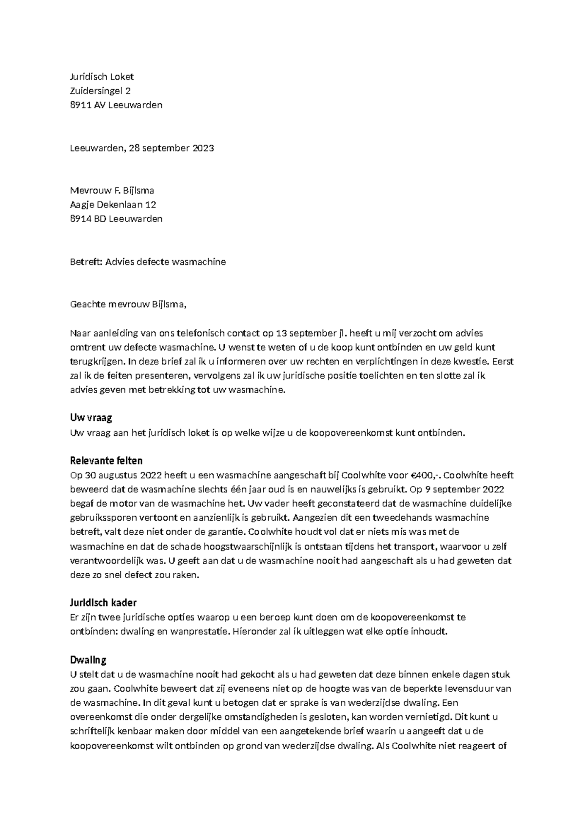 Adviesbrief final - Juridisch Loket Zuidersingel 2 8911 AV Leeuwarden ...