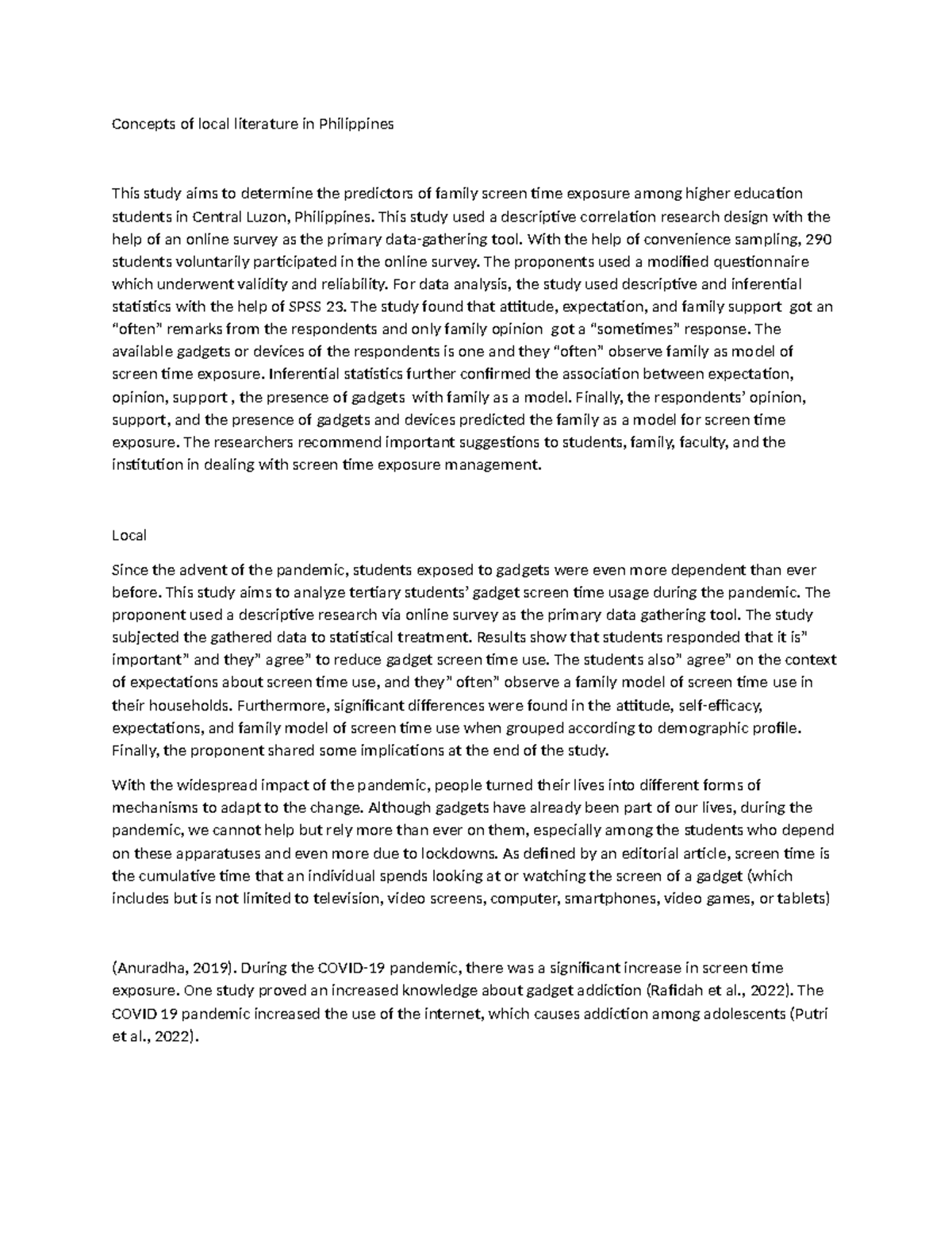 Pagbasa group 1 - Concepts of local literature in Philippines This ...