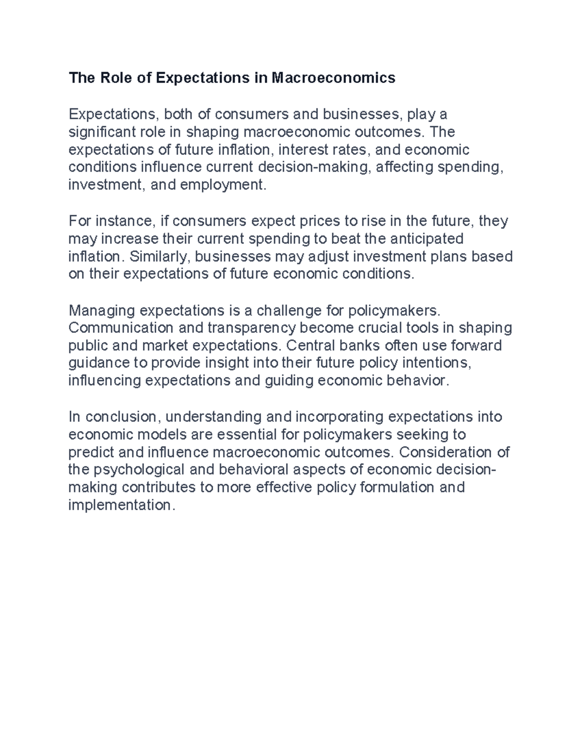 The Role of Expectations - The expectations of future inflation ...