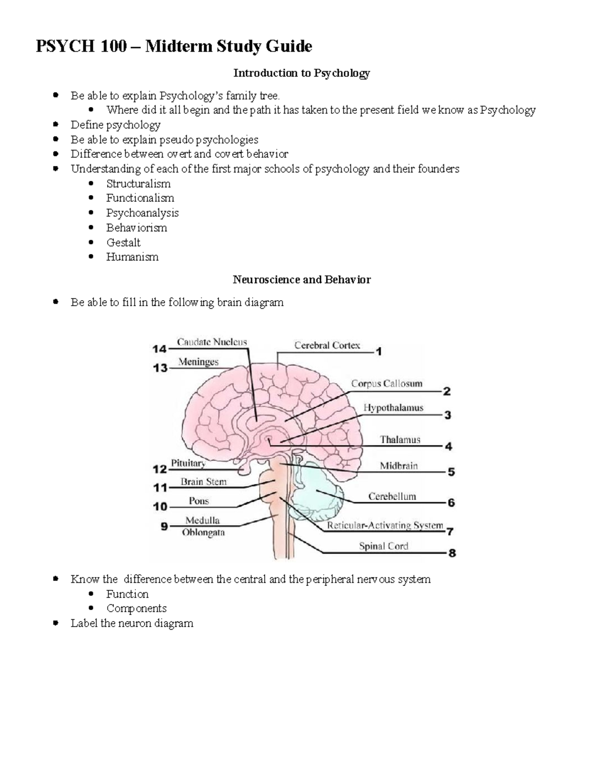 Midterm Study Guide Psych 100 - PSYCH 100 – Midterm Study Guide ...