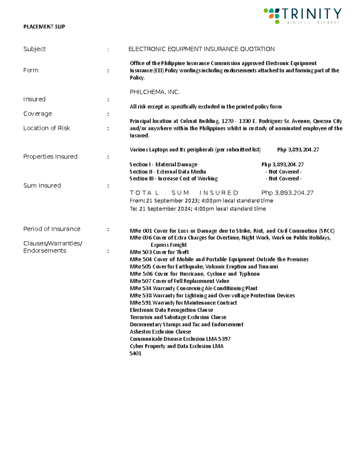 EEI - Philchema, INC-2023-2024 - PLACEMENT SLIP Subject : ELECTRONIC ...