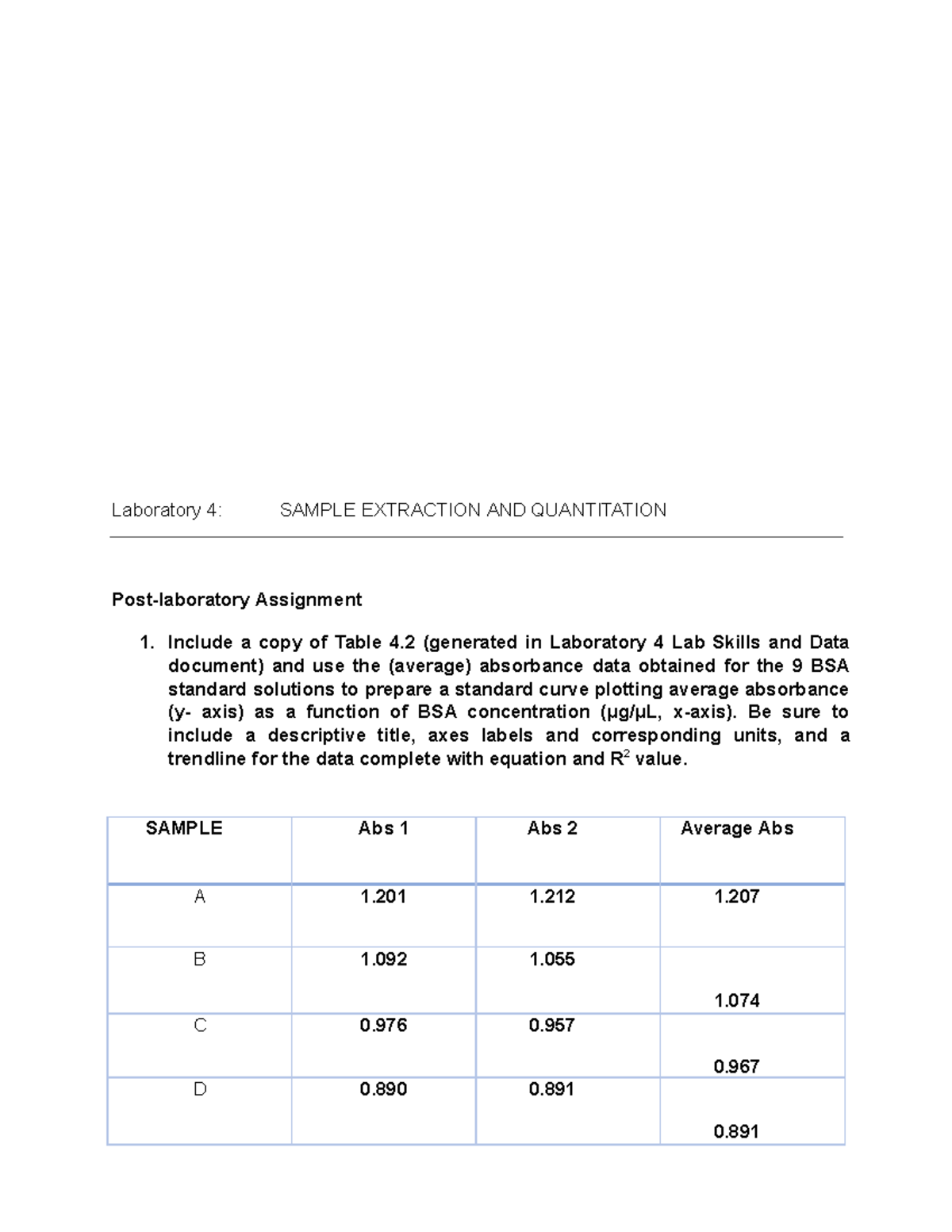 1234 - fsfsdfds - Laboratory 4: SAMPLE EXTRACTION AND QUANTITATION Post-laboratory Assignment 1 ...