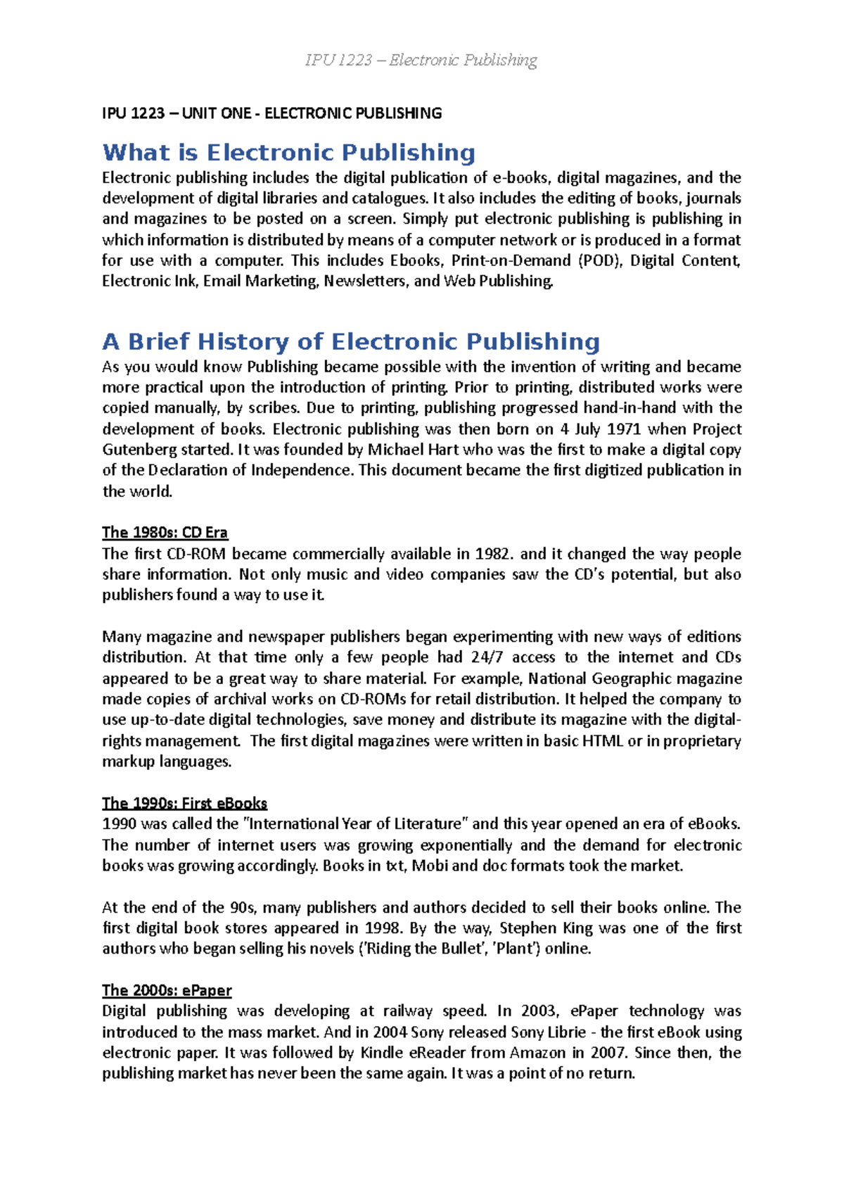 UNIT 1 - Introduction - Electronic Publishing - IPU 1223 – Electronic Publishing IPU 1223 – UNIT ...