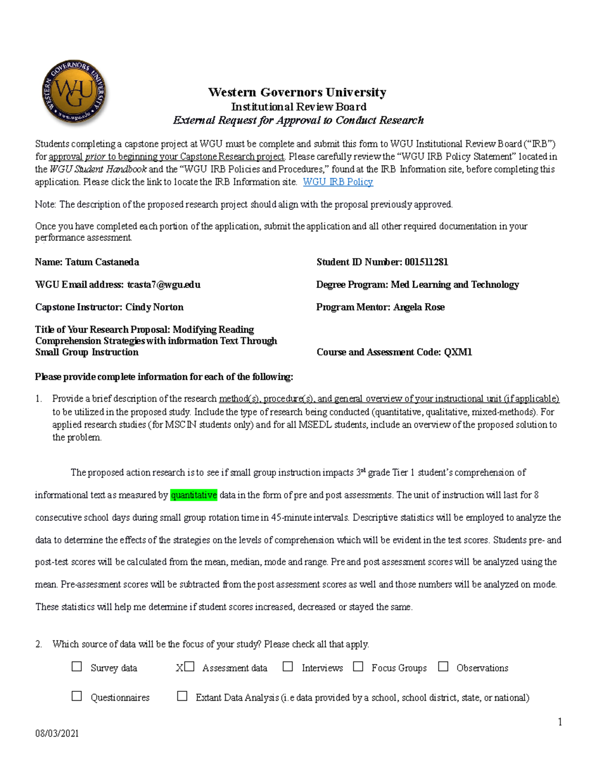 WGU Request for Approval to Conduct Research - Western Governors ...