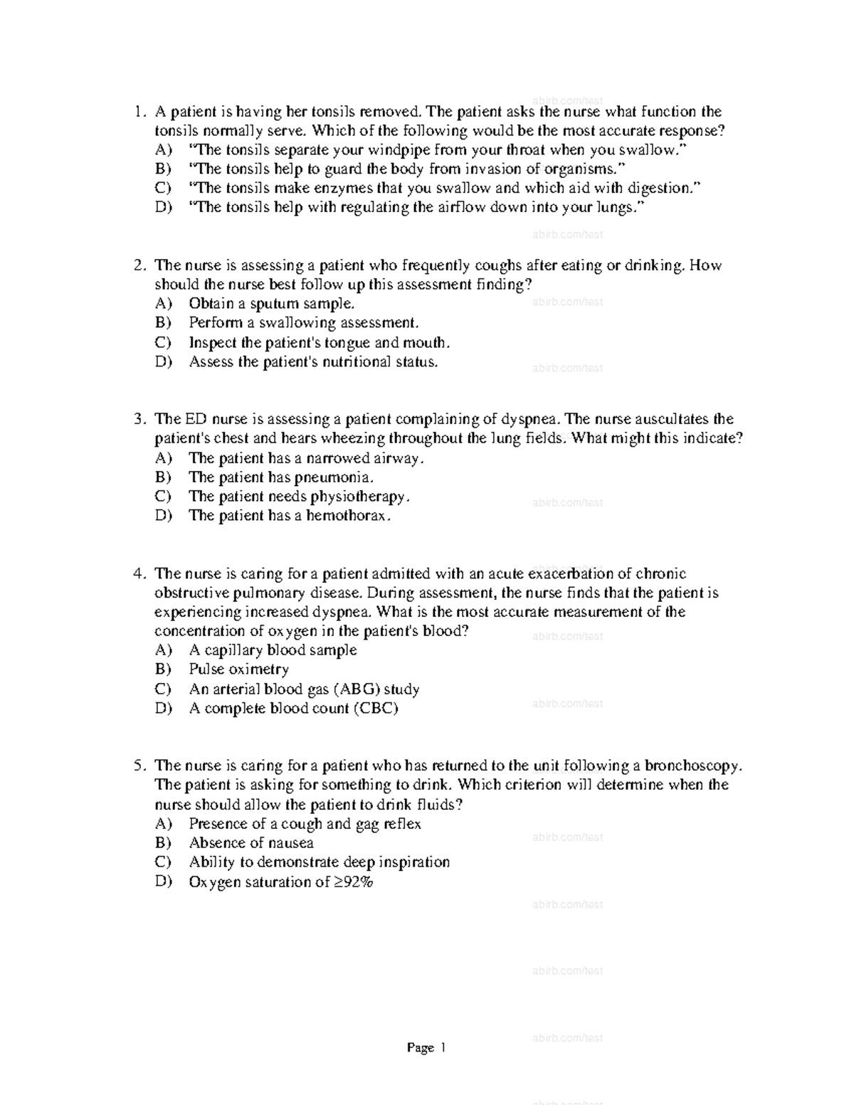 Chapter 8 - Practice Quiz - A patient is having her tonsils removed ...