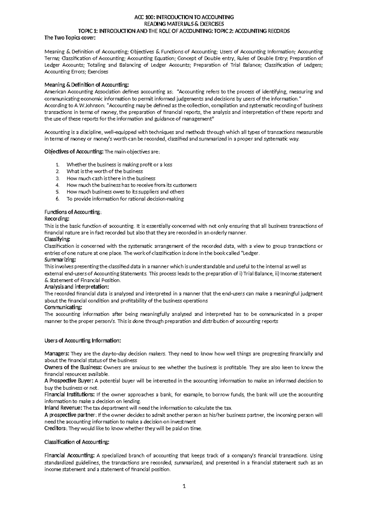 ACC 100 Topics 1 2 Reading Materials and Exercises Student Handout FEB ...