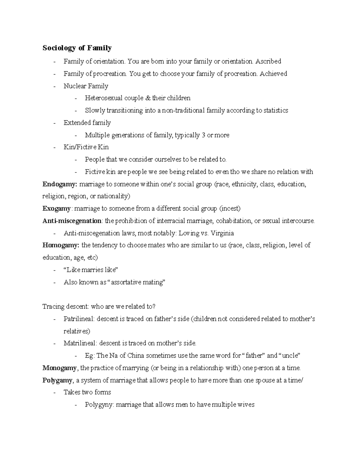 Sociology of Family - End of Semester Lecture Notes - Sociology of ...