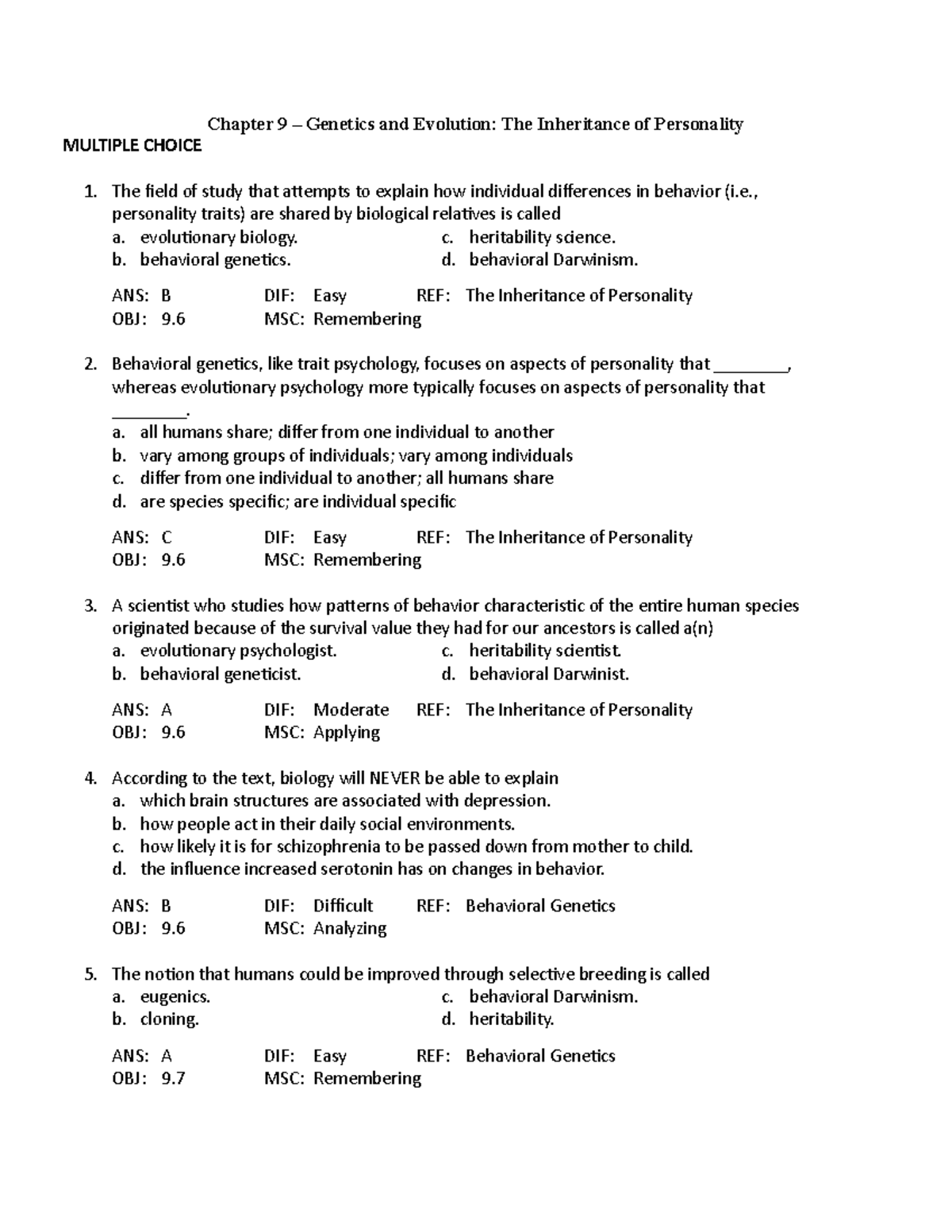 Chapter 9 - Genetics and Evolution: The inheritance of Personality ...
