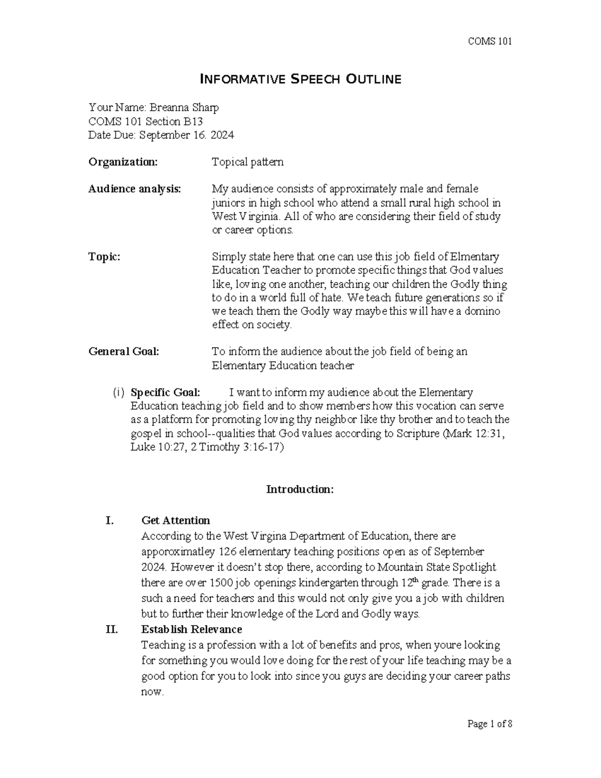 Informative Speech Outline Template filled out - INFORMATIVE SPEECH ...