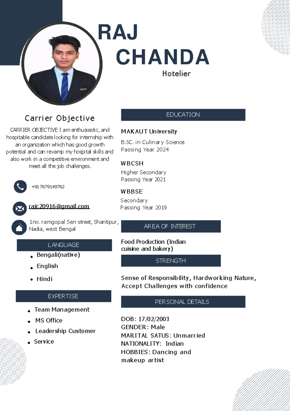 Raj Chanda CV - RAJ EDUCATION PERSONAL DETAILS LANGUAGE EXPERTISE 1 no ...