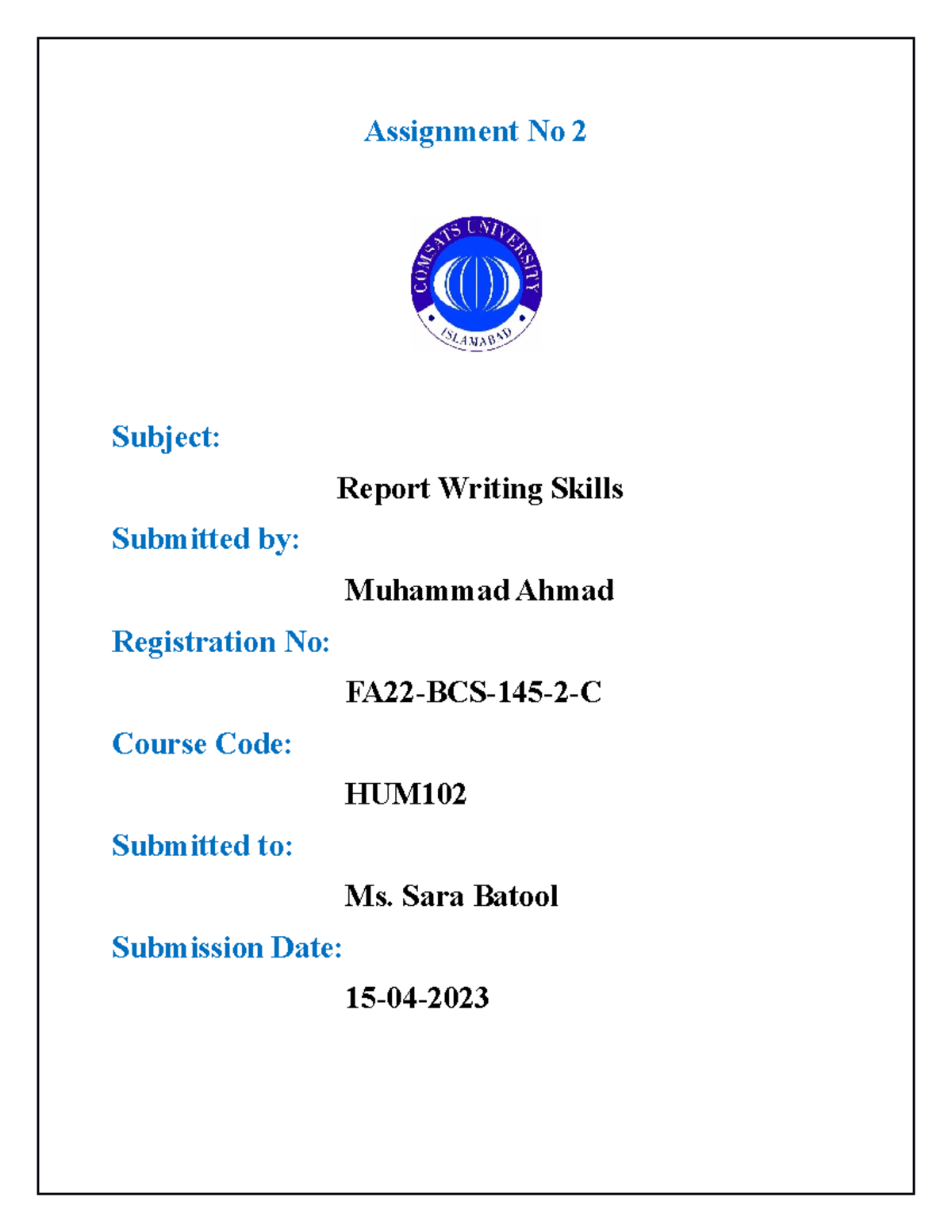 Assignment no2 RWS - Assignment No 2 Subject: Report Writing Skills ...
