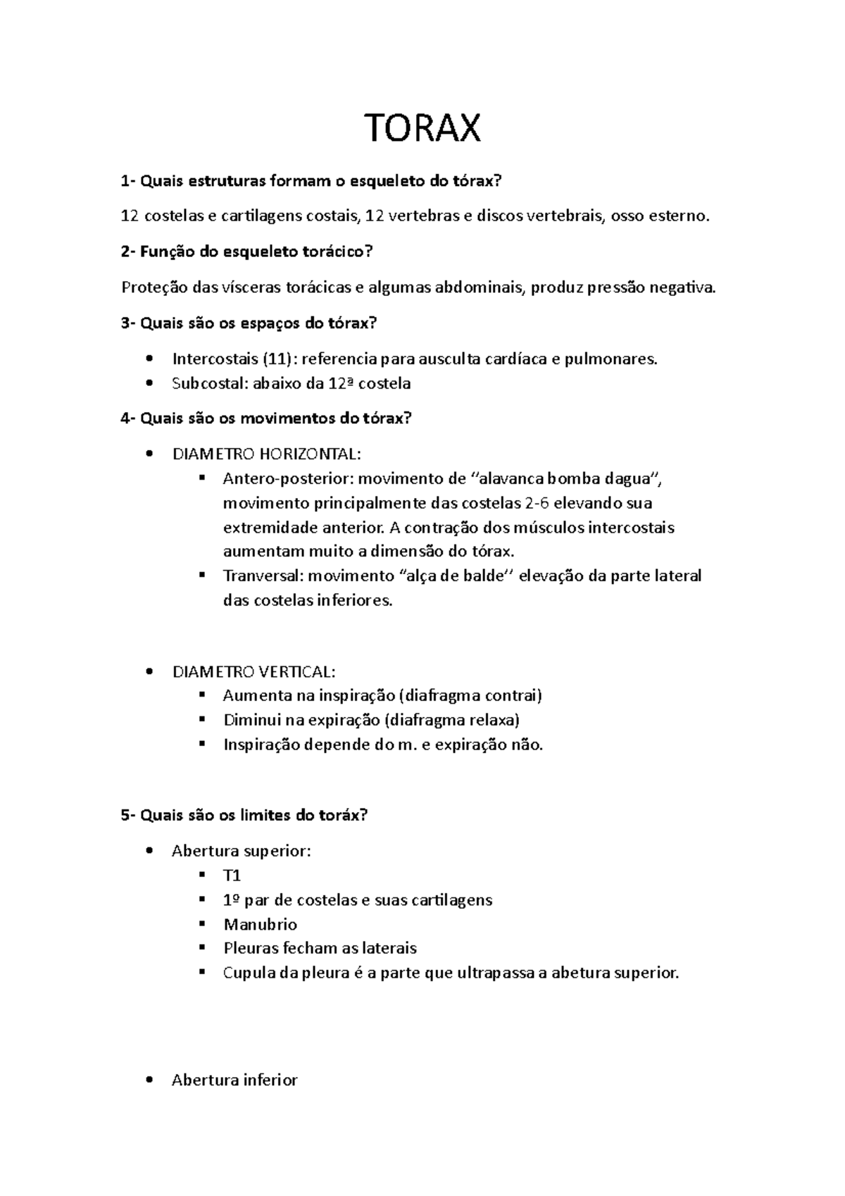 Torax - Exercicios - TORAX 1- Quais estruturas formam o esqueleto do ...