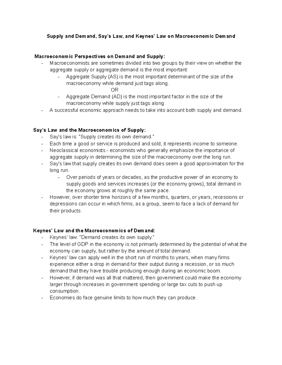 Supply and Demand, Say’s Law, and Keynes’ Law on Macroeconomic Demand ...