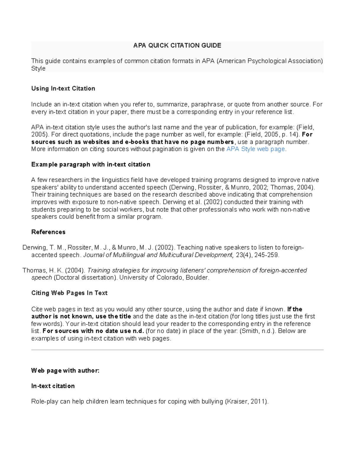 APA Quick Citation Guide - APA QUICK CITATION GUIDE This guide contains ...