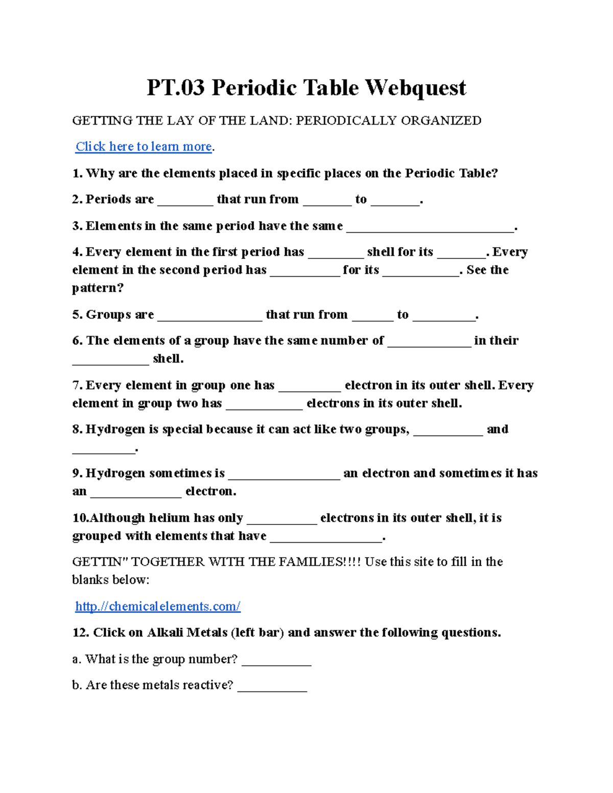 Periodic table webquest - PT Periodic Table Webquest GETTING THE LAY OF ...