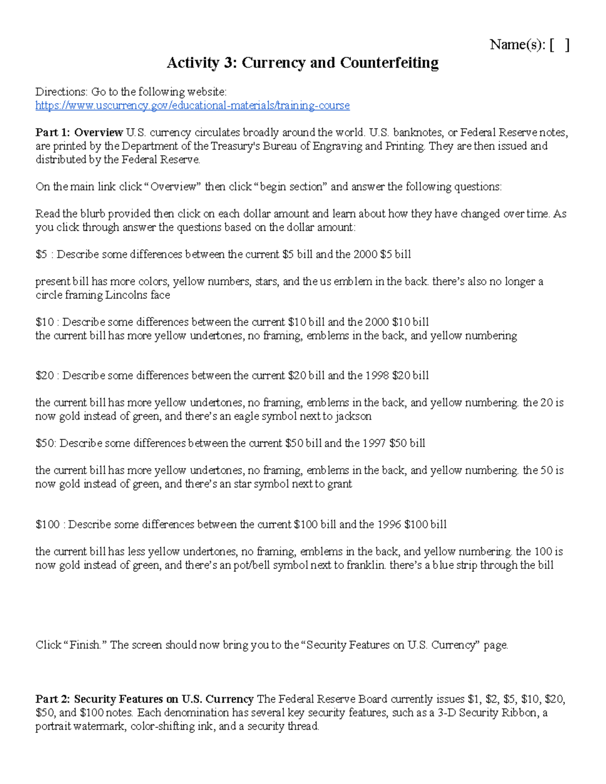 Currency & Counterfeiting - Name(s): [ ] Activity 3: Currency and ...