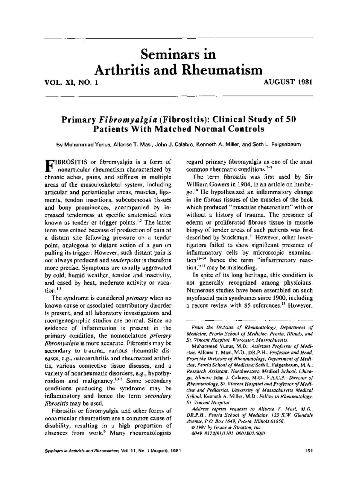 Primary fibromyalgia fibrositis Clinical - Seminars in Arthritis and ...