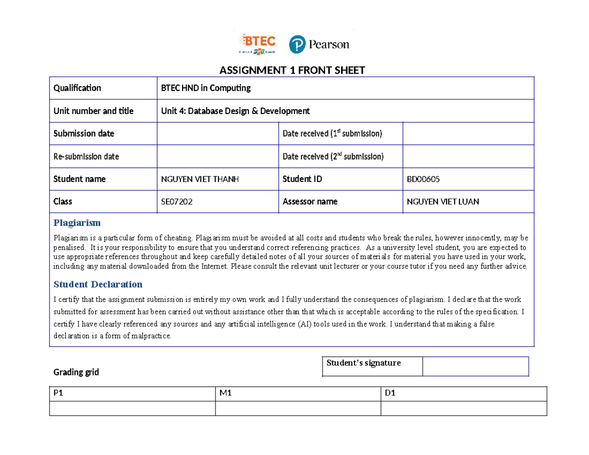 Unit 04 Assignment 1 frontsheet - ASSIGNMENT 1 FRONT SHEET Qualification BTEC HND in Computing ...