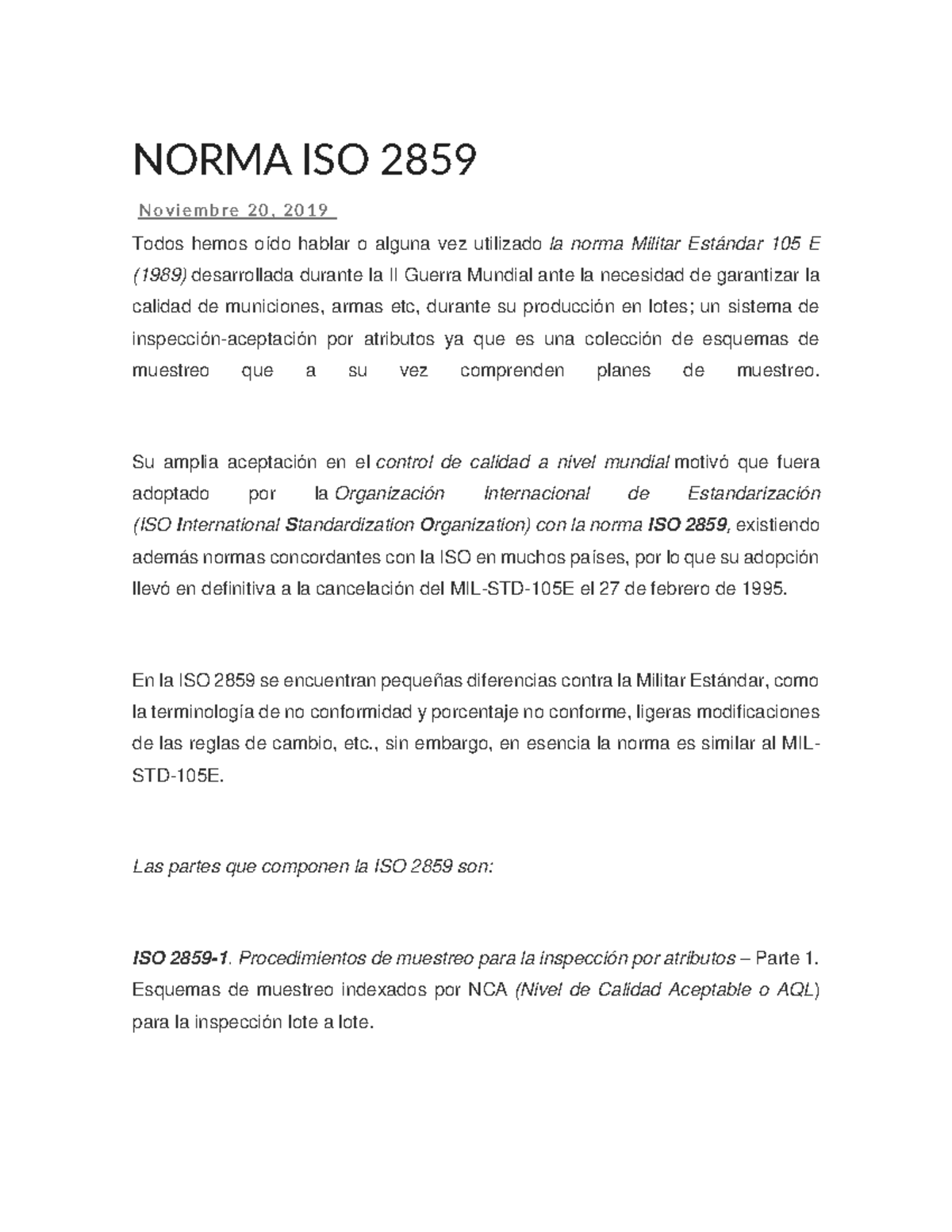 Norma ISO 2859 - NORMA ISO 2859 N o v i e m b r e 2 0 , 2 0 1 9 Todos ...