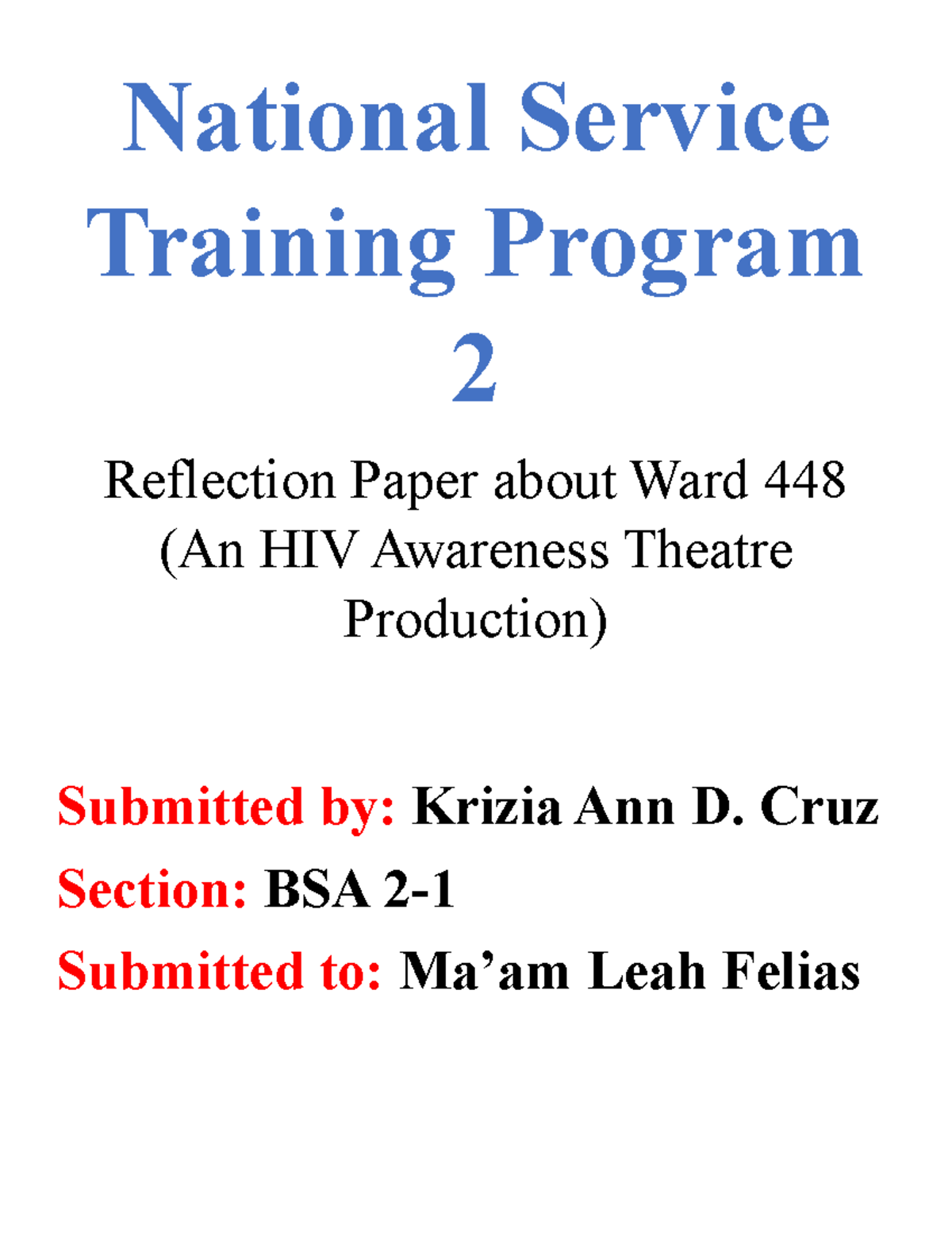 WARD 448 - Reflection - National Service Training Program 2 Reflection ...
