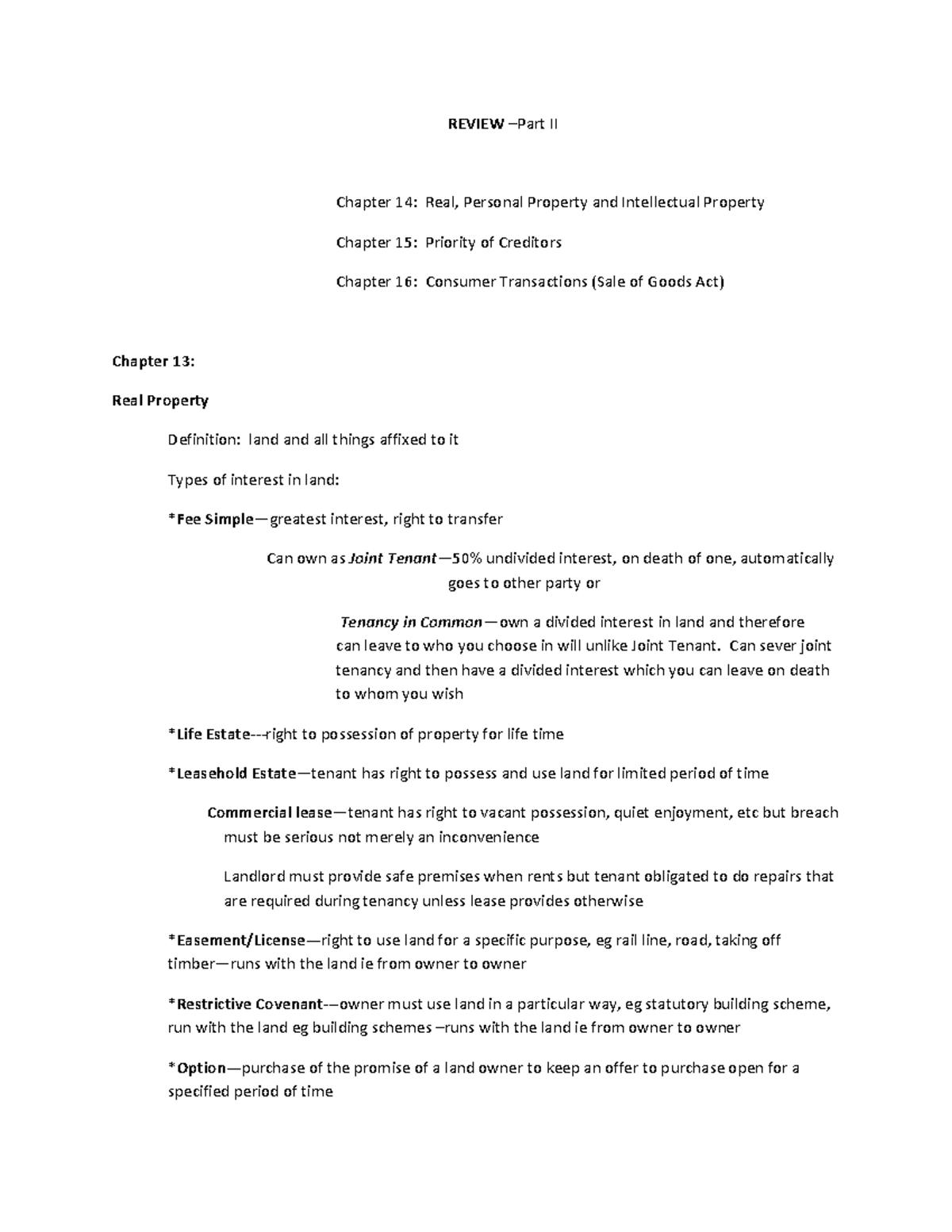 Summary Ch 14-15-16 - Business Law - REVIEW – Part II Chapter 14: Real ...