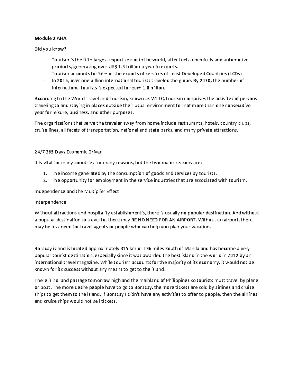 Module 2 AHA - I hope it helps - Module 2 AHA Did you know? Tourism is ...