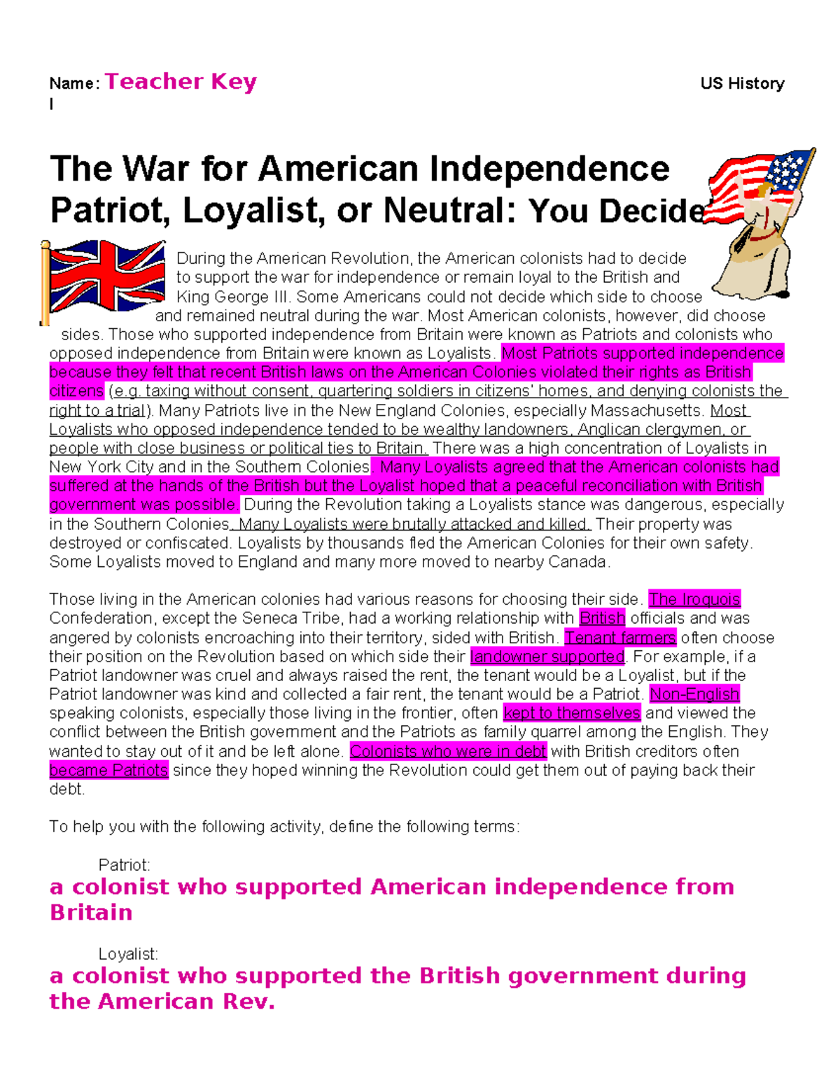 Patriot Loyalist KEY - None. - Name: Teacher Key US History I The War ...