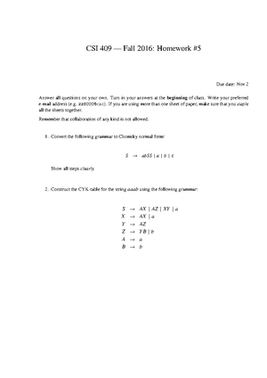Homework 4 - Fall 2016 - CSI 409 Fall 2016: Homework Due date: Oct 14 ...