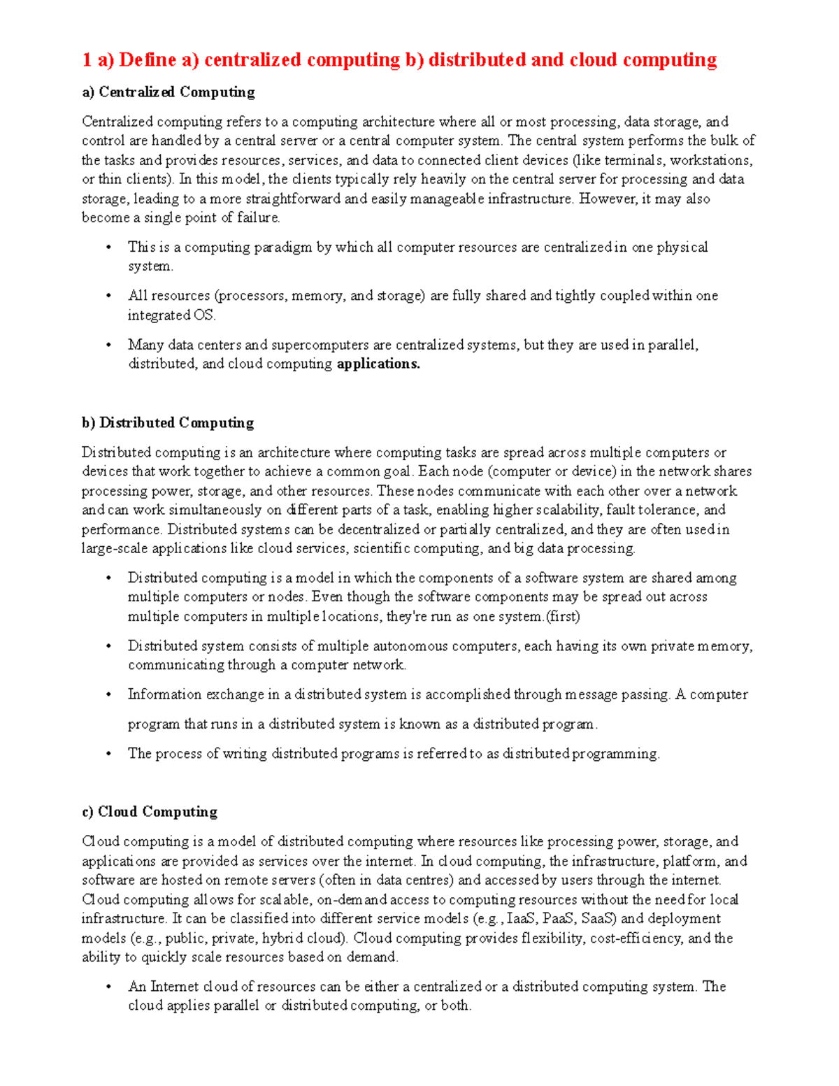CC unit-1 answers - 1 a) Define a) centralized computing b) distributed ...