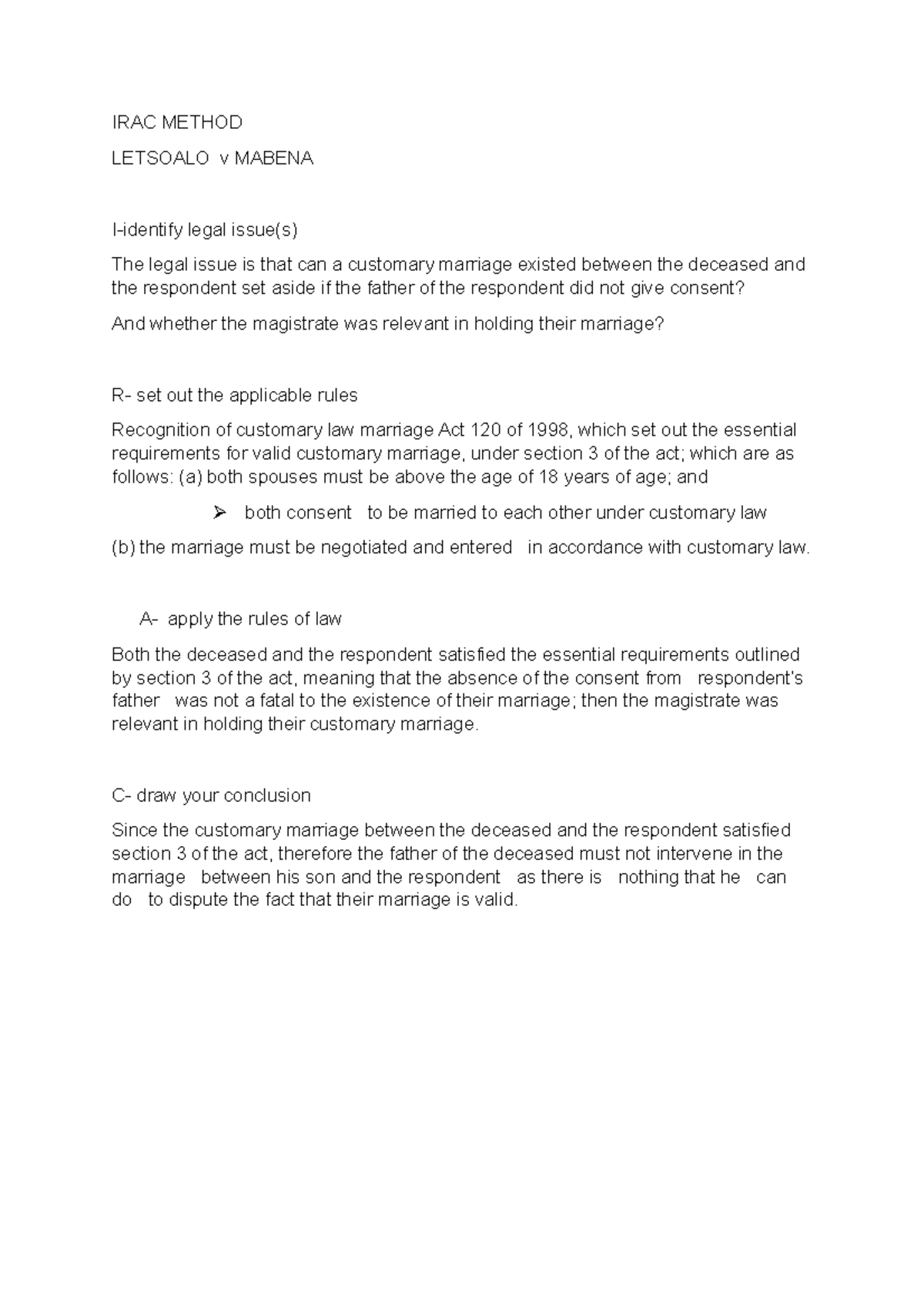 IRAC Method - first year module - IRAC METHOD LETSOALO v MABENA I ...