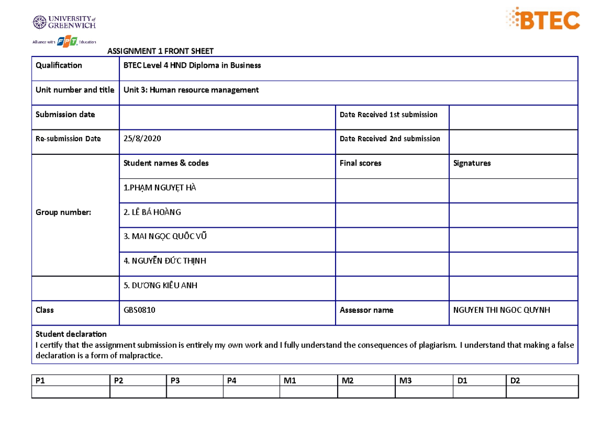 487. Assignment 1 frontsheet (2019-2020) - ASSIGNMENT 1 FRONT SHEET Qualification BTEC Level 4 ...