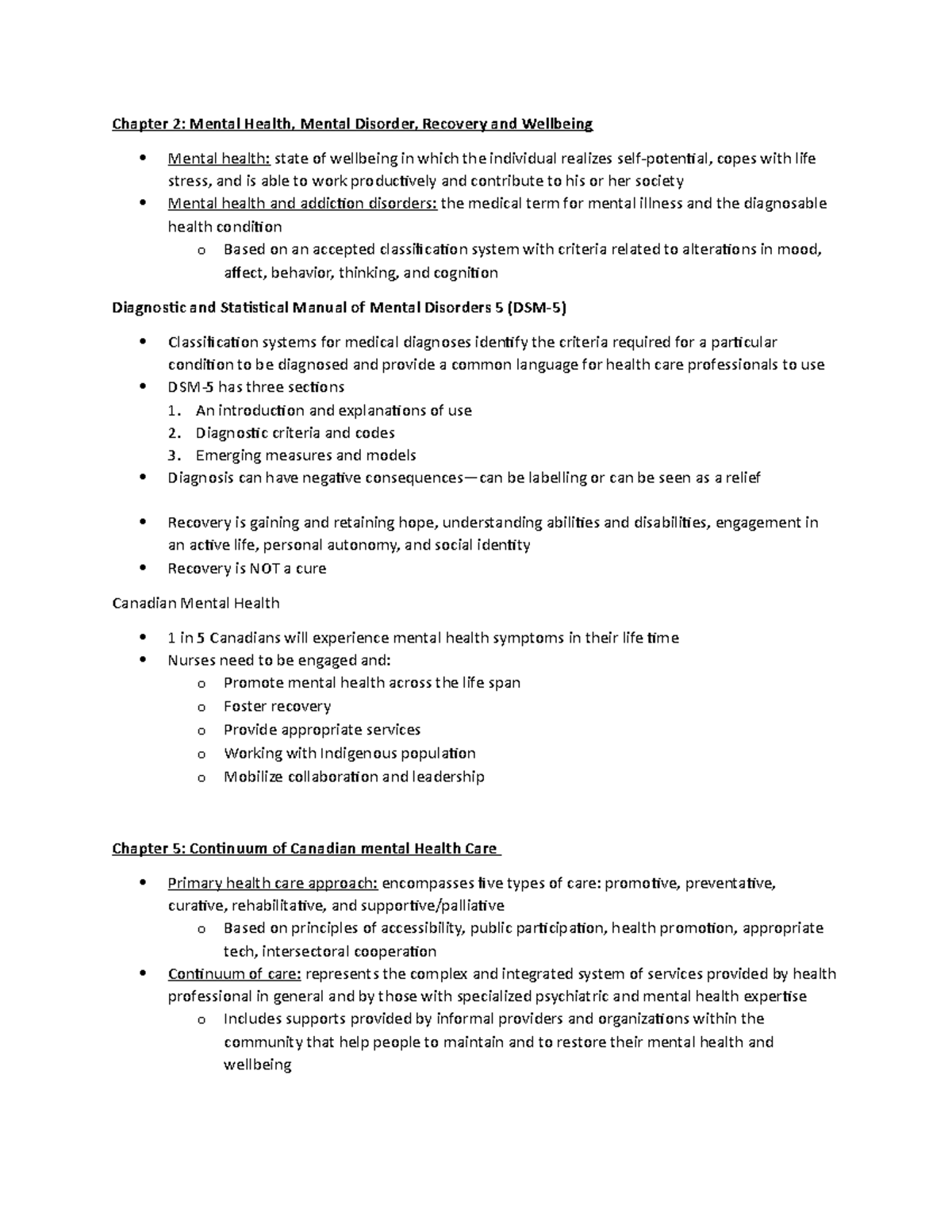 Chapter 2 and 5 notes - Chapter 2: Mental Health, Mental Disorder ...