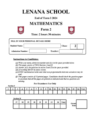 Mathematics - Mathematics Form 2 - Question Paper - ZERAKI ACHIEVERS ...