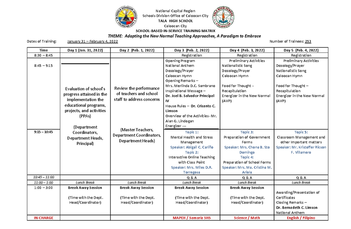 School Based In-Service Training Matrix 1312022 - National Capital ...