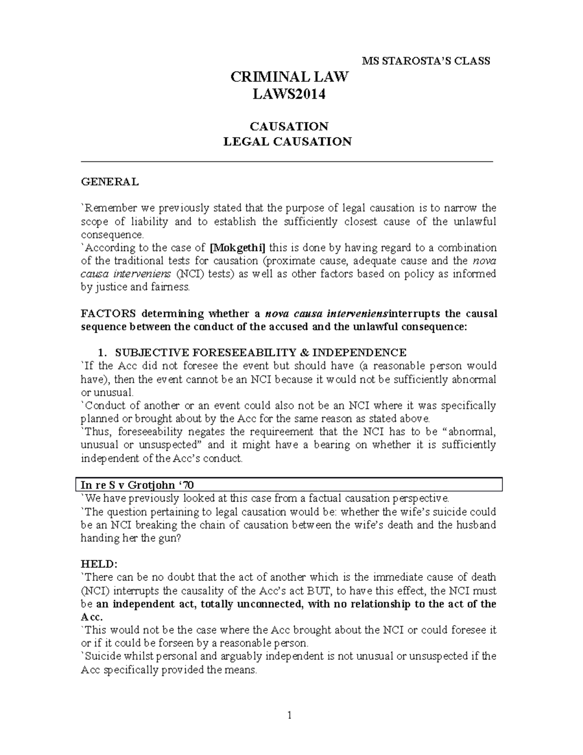 Criminal Law Causation NCI - MS STAROSTA’S CLASS CRIMINAL LAW LAWS ...