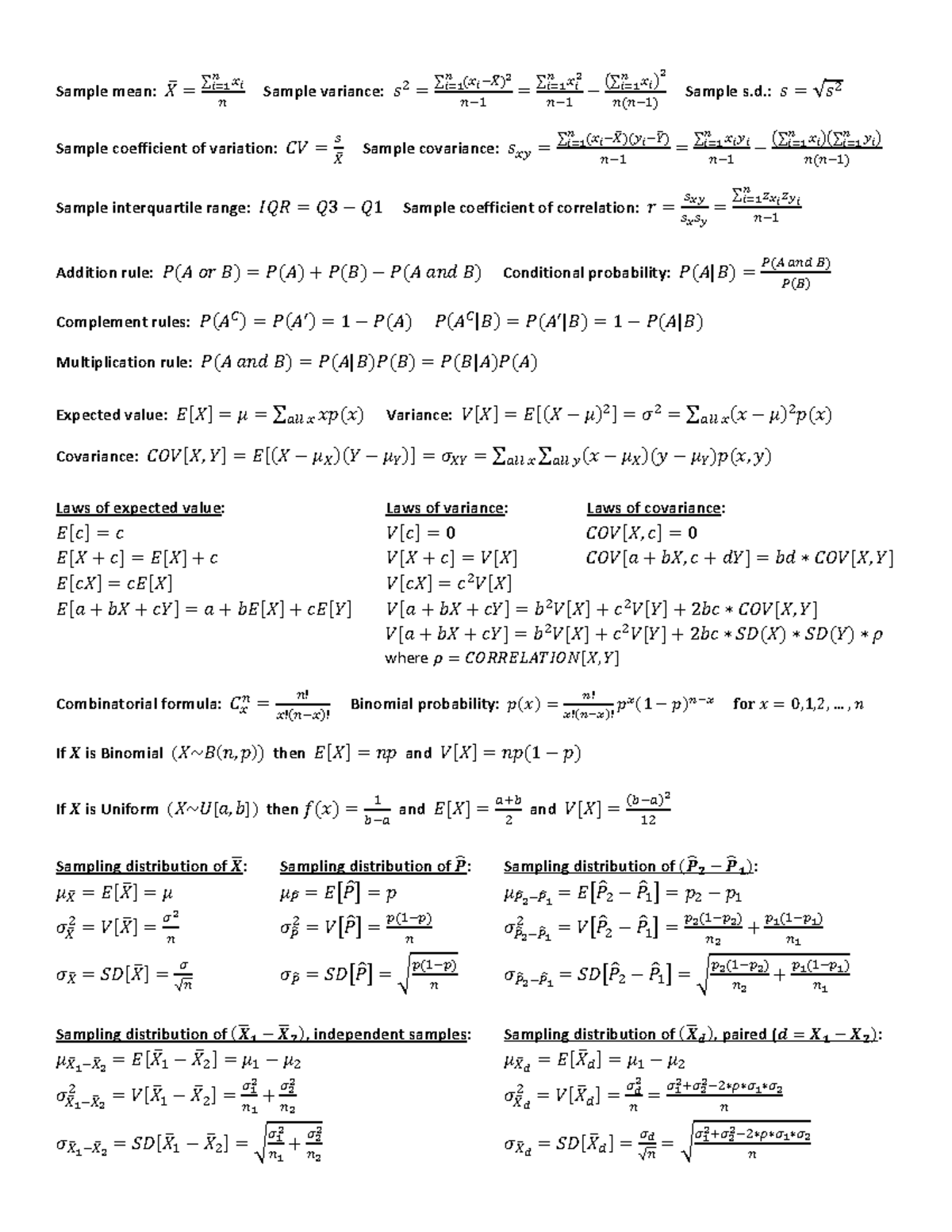 Aid Sheets ECO220Y1Y-merged - Sample mean: ܺത = ∑ ೙೔సభ௫ ೔ ௡ Sample variance: ݏ ଶ = ∑ ೙೔సభ(௫ ೔ ି ...