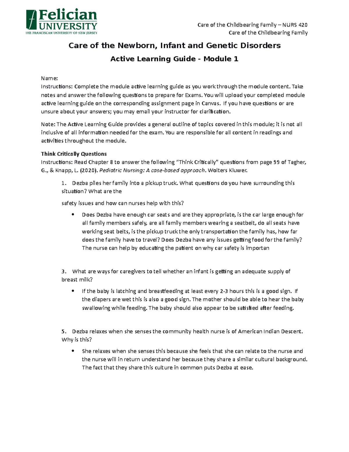 420Care of the Newborn, Infant and Genetic Disorders - Active Learning ...