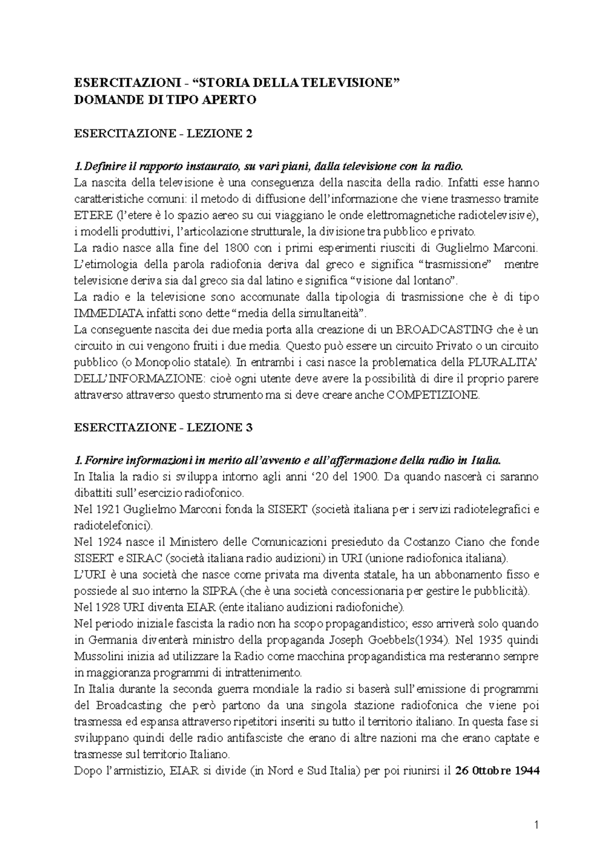 Esercitazioni - “ Storia Della Televisione” - ESERCITAZIONI - “STORIA ...
