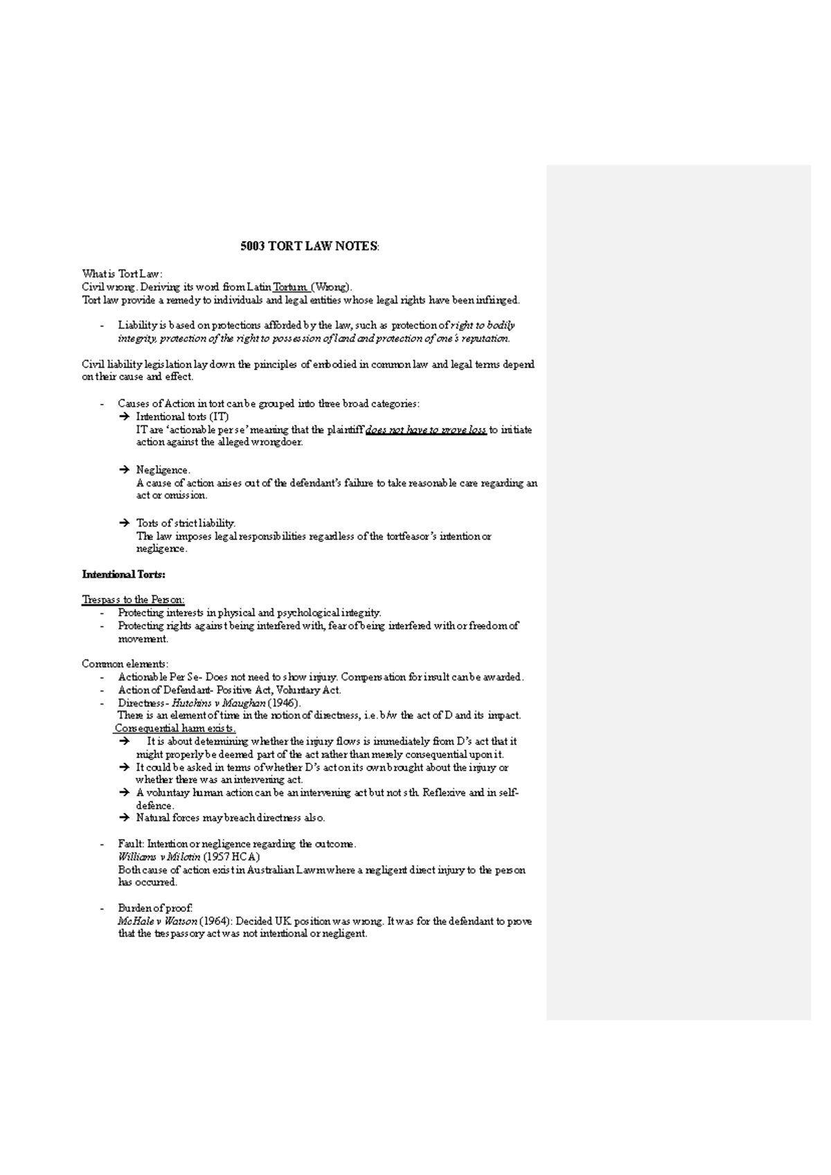 5003 TORT LAW Notes - ``` - 5003 TORT LAW NOTES: What is Tort Law ...