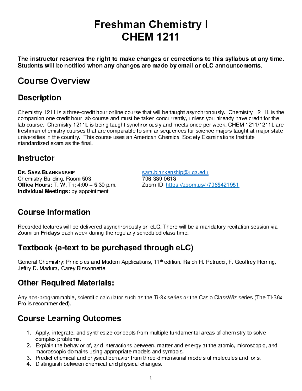 Chem 1211 Syllabus Fall 2020 - Freshman Chemistry I CHEM 1211 The ...