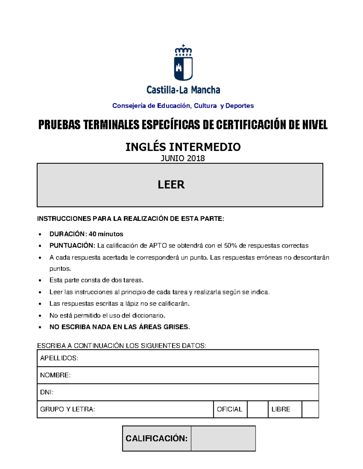 IN B1 CE PR J 18 - EOI examen inglés b1 - PRUEBAS TERMINALES ESPECÍFICAS DE CERTIFICACIÓN DE ...