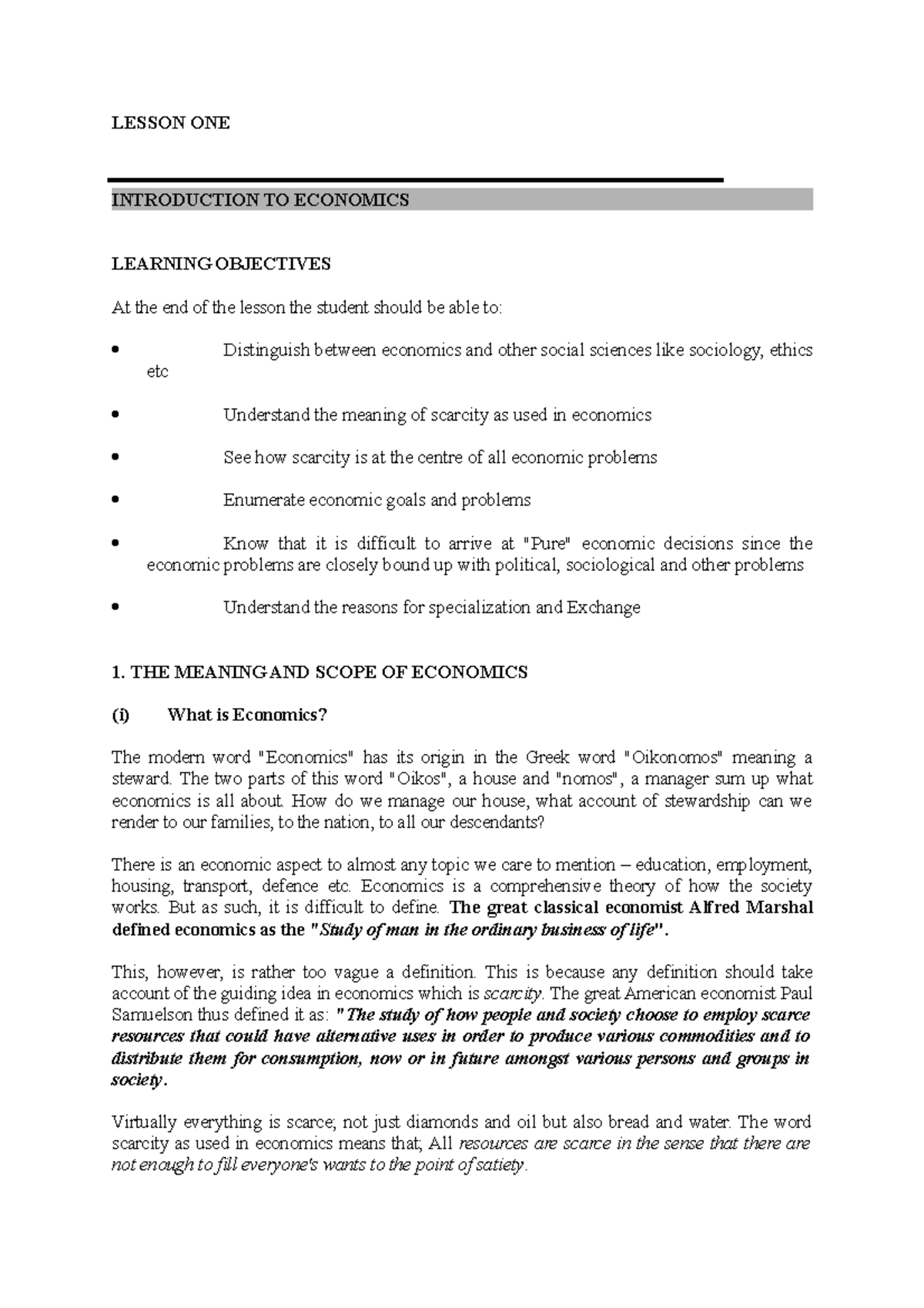 Lesson ONE Notes - Introduction to Economics - LESSON ONE INTRODUCTION ...