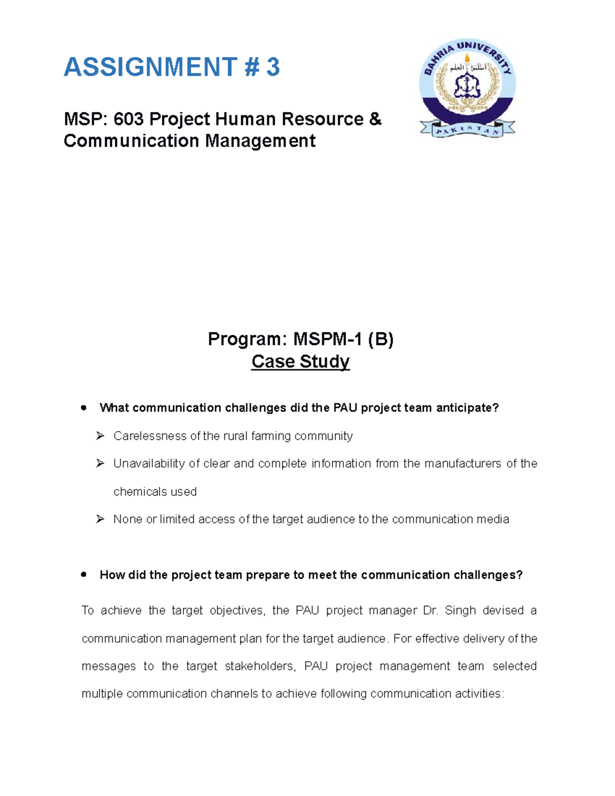 Assignment 3 - ASSIGNMENT # 3 MSP: 603 Project Human Resource ...