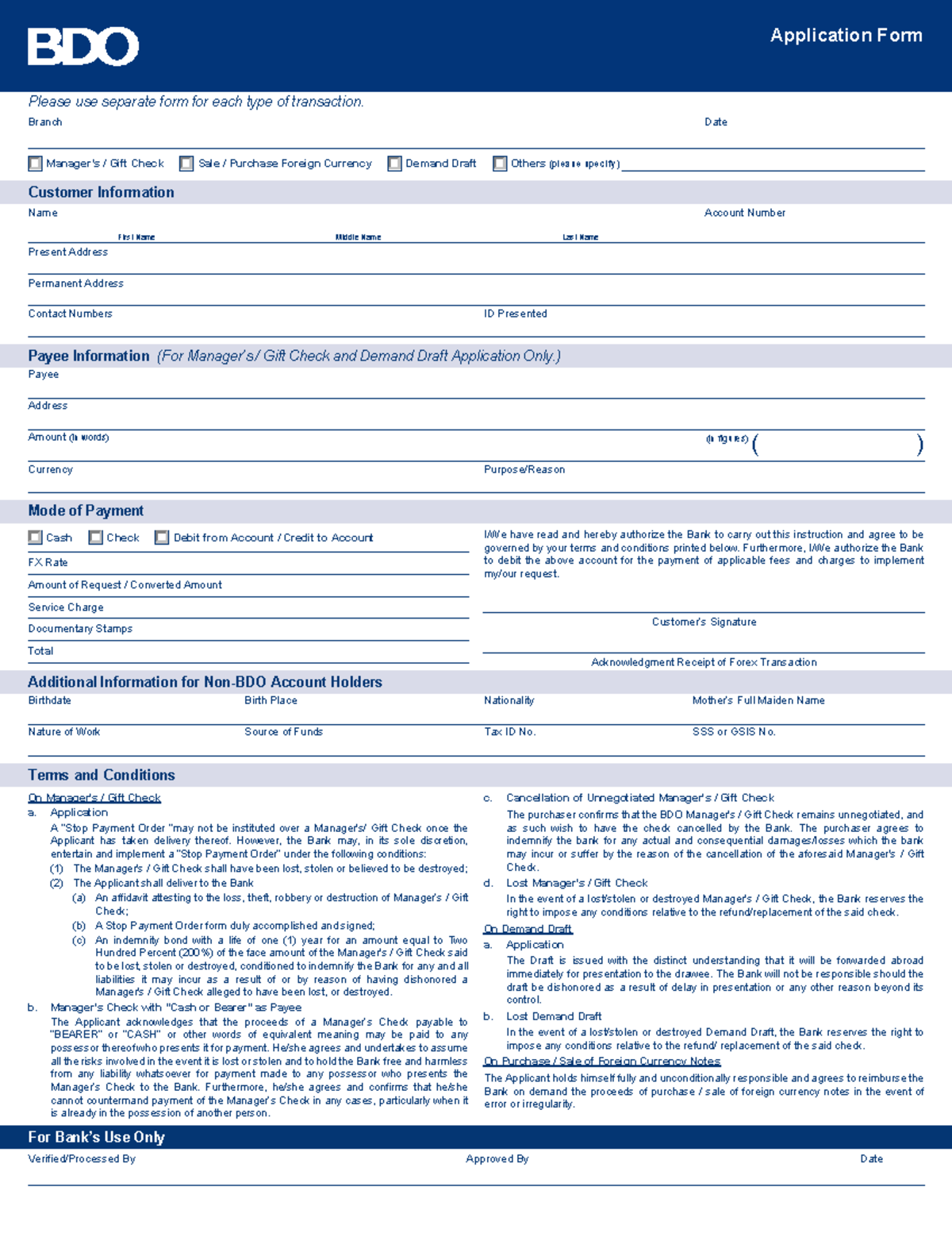 Lto application form - Application Form Branch Date Please use separate ...
