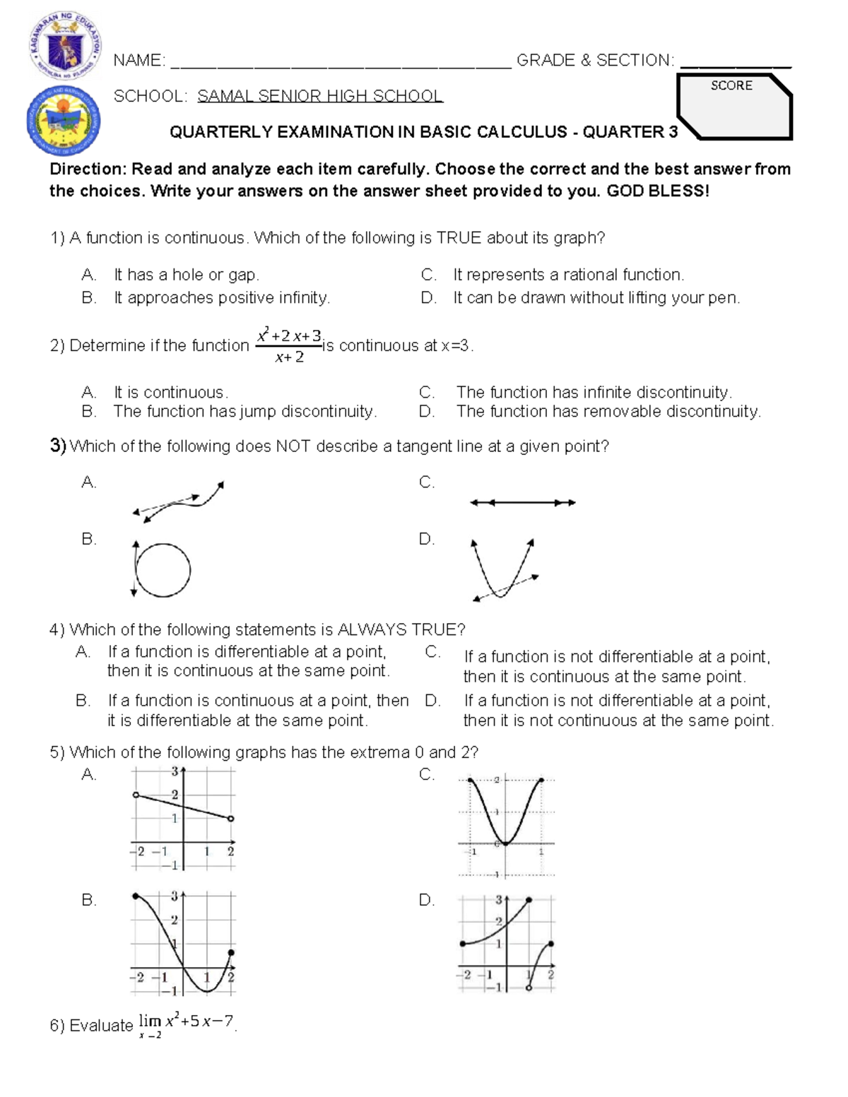 Basic Calculus Q3 Exam - NAME: _____________________________________ GRADE & SECTION: - Studocu