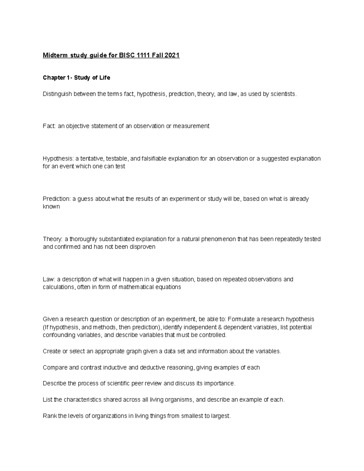 Midterm study guide for BISC 11 11 Fall 2021 - Midterm study guide for ...