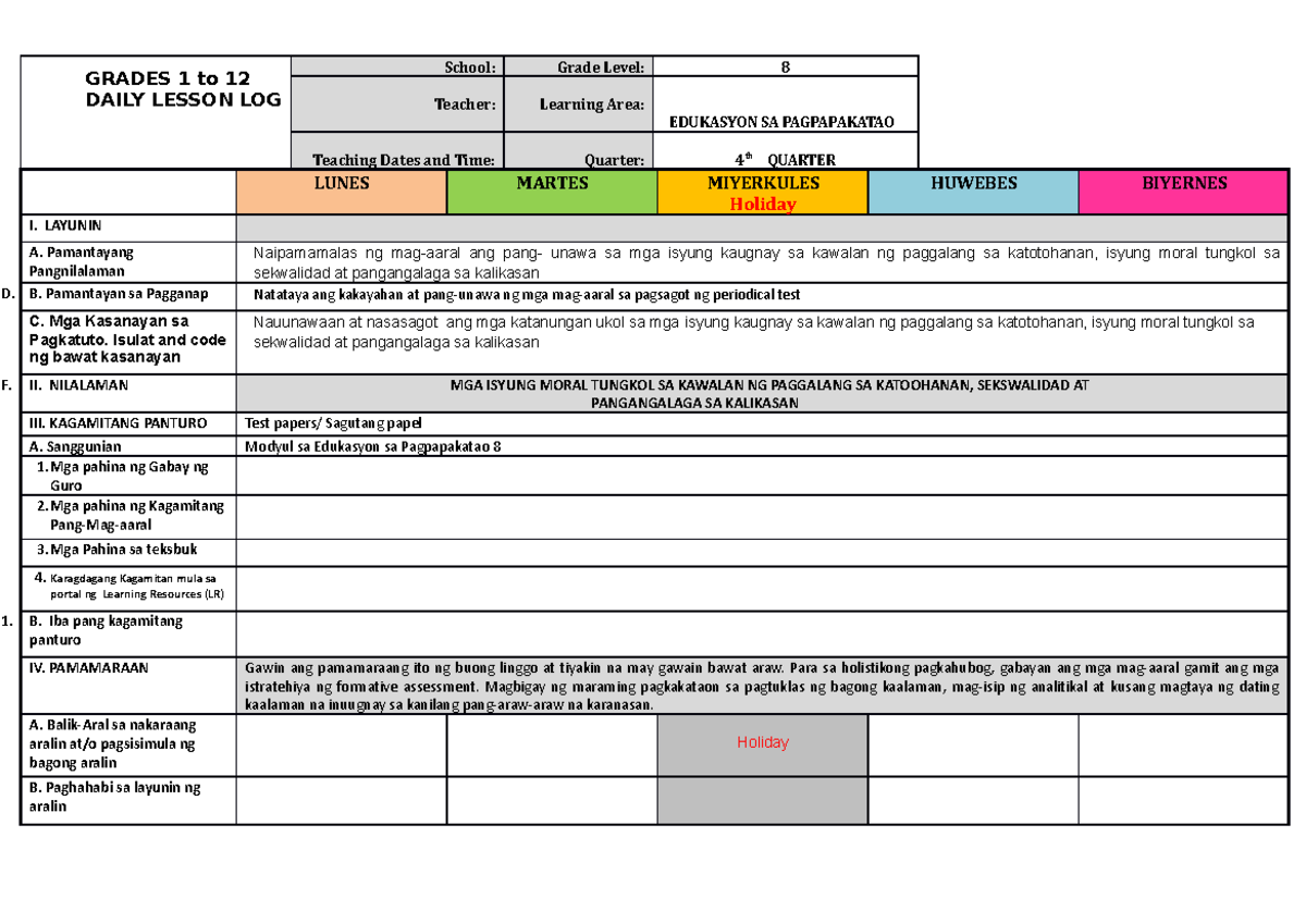 DLL ESP Quarter 4 - GRADES 1 to 12 DAILY LESSON LOG School: Grade Level ...