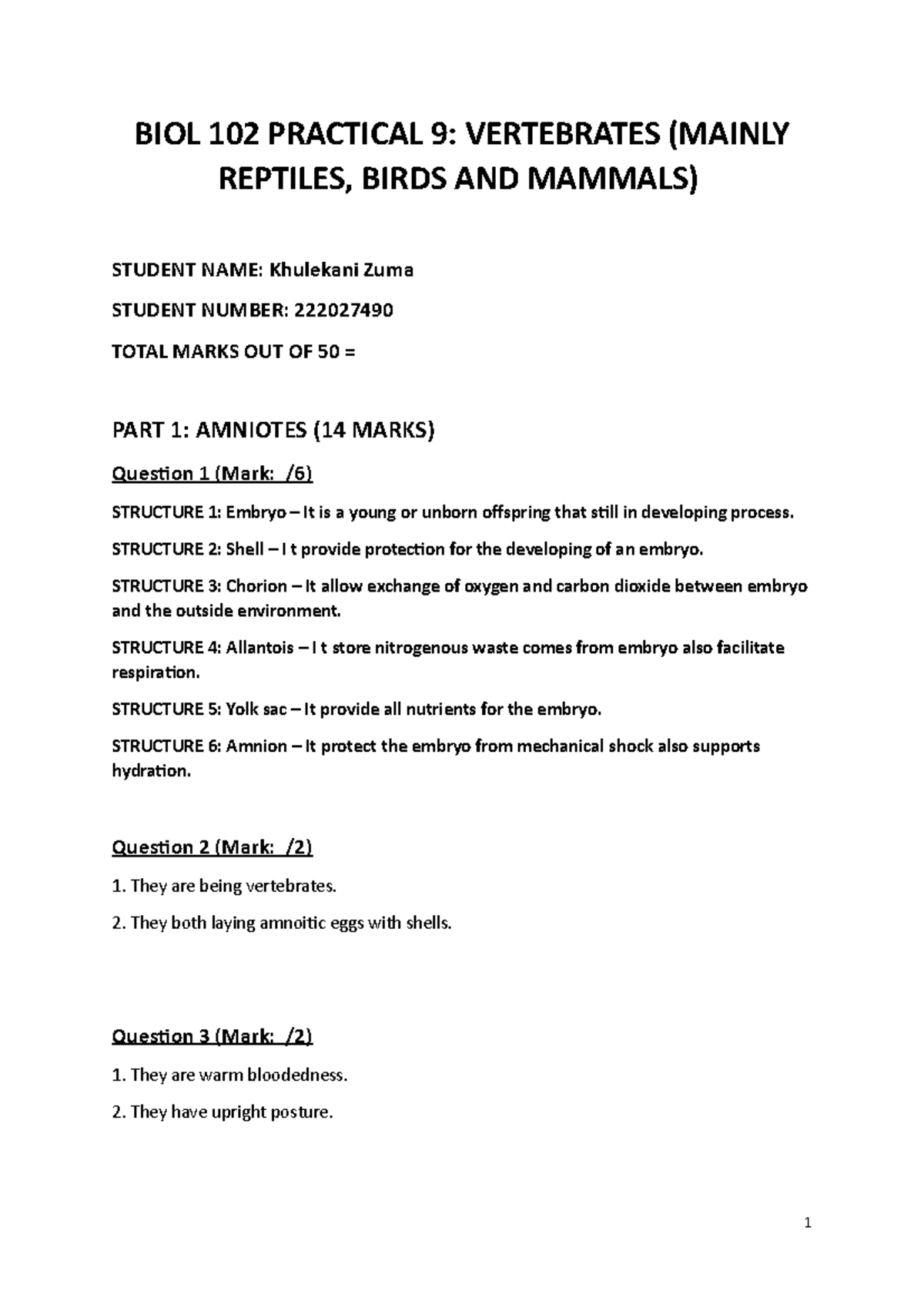 2022 BIOL102 Practical 9 Student Answer - BIOL 102 PRACTICAL 9 ...