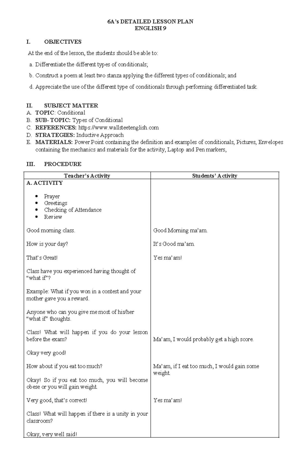 Conditional - HOPE IT WILL HELP YOU! - 6A’s DETAILED LESSON PLAN ...