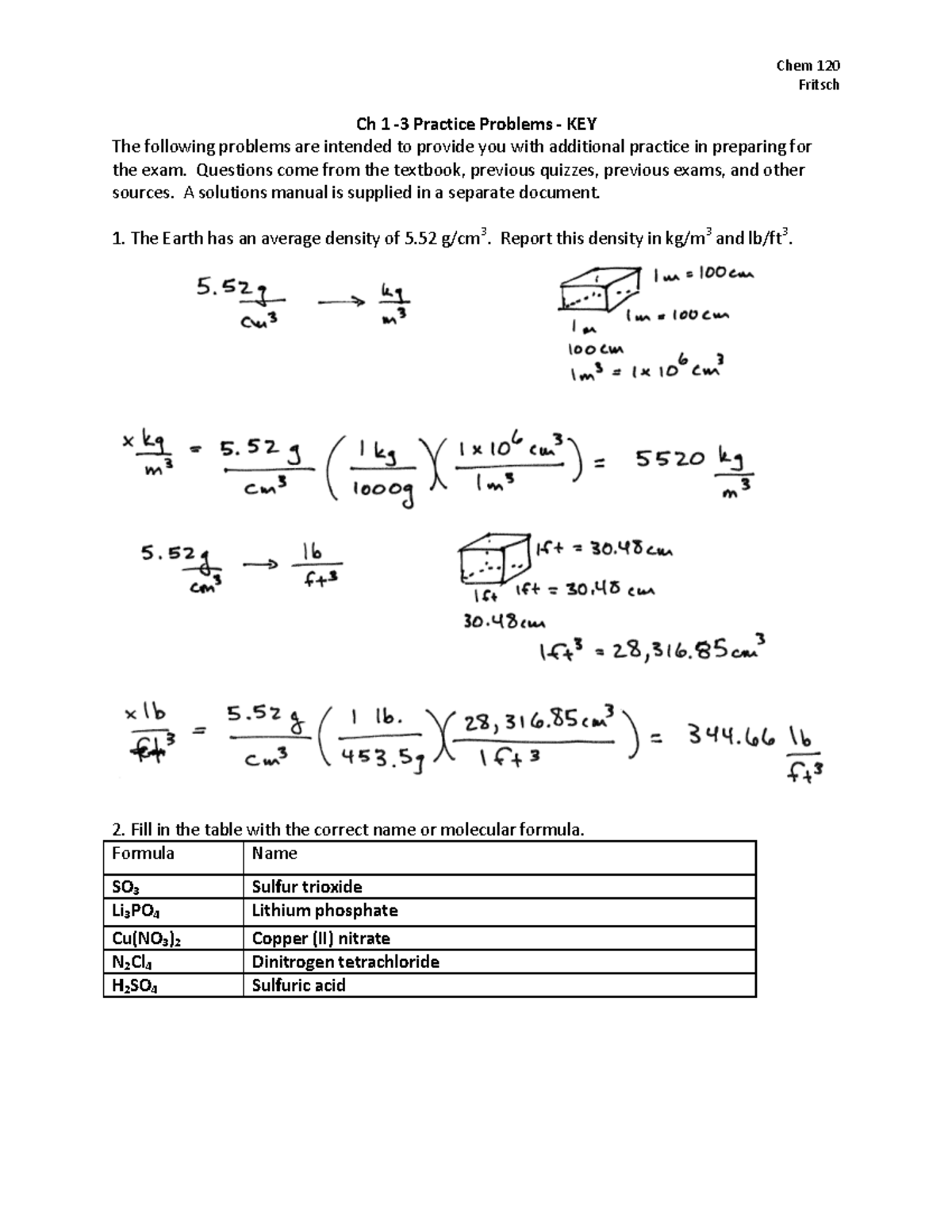 chem 120 practice problem - Fritsch Ch 1 -3 Practice Problems - KEY The ...